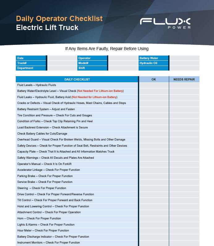 Daily Forklift Operator Checklist
